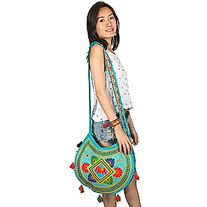 Tribe Azure Fair Trade Hippie Sling Handmade Crossbody Bag Boho Chic Patchwork Embroidered Shoulder Purse Gypsy Blue