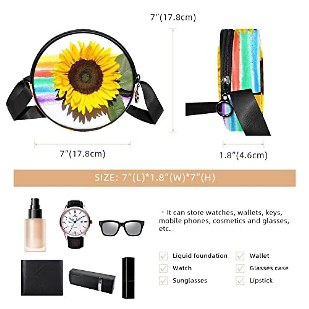Sunflower Crossbody Bag for Women Teen Girls Round Canvas Shoulder Bag Purse Tote Handbag Bag