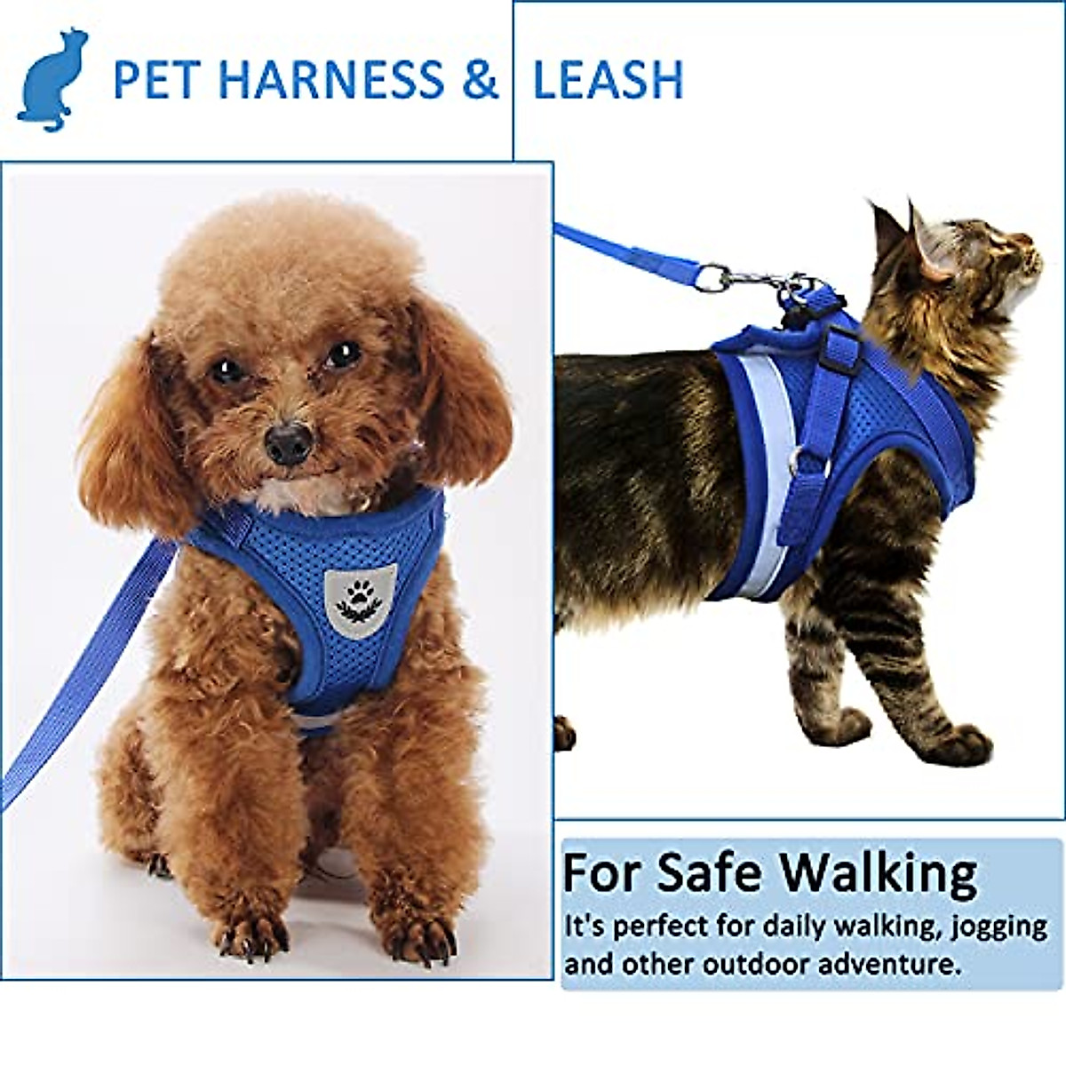 LABOTA Cat Harness and Leash Set for Walking, Escape Proof Soft Adjustable Vest Harnesses with Reflective Strap, Comfort Fit for Pet Kitten Puppy Rabbit, Blue, S(Chest: 11"-13")