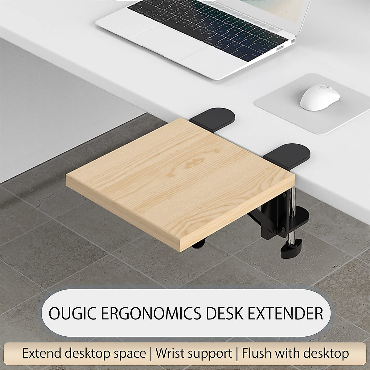 OUGIC Ergonomics Desk Extender Tray, 9.5"x9.1" Punch-Free Clamp on, Foldable Keyboard Drawer Tray, Table Mount Arm Wrist Rest Shelf, Computer Elbow Arm Support