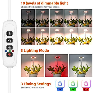 PDGROW LED Grow Light for Indoor Plants, Full Spectrum Plant Halo Lights with Red Light, Height Adjustable Growing Lamps with Timer, 3 Lighting Modes & 10 Dimmable Brightness for Small Plants (1 Pack)