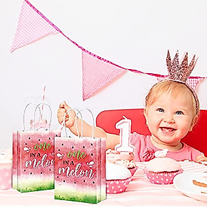 16 Pieces Watermelon Party Bags with Paper Twist Handles, Watercolor One in Melon Candy Goodie Bags Treat Bags Present Bag for Summer Watermelon Birthday Baby Shower, 6.3 x 3.1 x 8.7 Inches