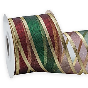 XMRIBBON Metallic Christmas Wired Ribbon Gold Red Green Striped Ribbon - 2 1/2" x 10 Meters,for Gift Wrapping, Tree Topper, Garland, Wreath