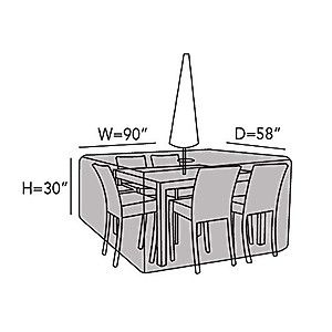 Covermates Rectangular Dining Table/Chair Set Cover - Heavy-Duty Polyester, Weather Resistant, Drawcord Hem, Center Hole for an Umbrella, Patio Table Covers, 90W x 58D x 30H, Ripstop Grey