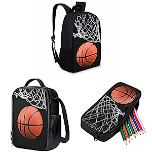 AmzPrint 3 In 1 Basketball Backpack Set For Boys Elementary School 17 Inch Black Student Backpack Lunch Box And Pencil Bag Set