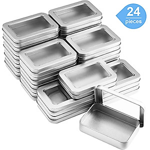 Metal Tin Box Metal Tins With Lids Clear Top Tins Box Empty Storage Tins Case Rectangle Containers Can with Large Clear Window for Candles, Candies, Gifts, Balms and Treasures, Silver(24 Pieces)