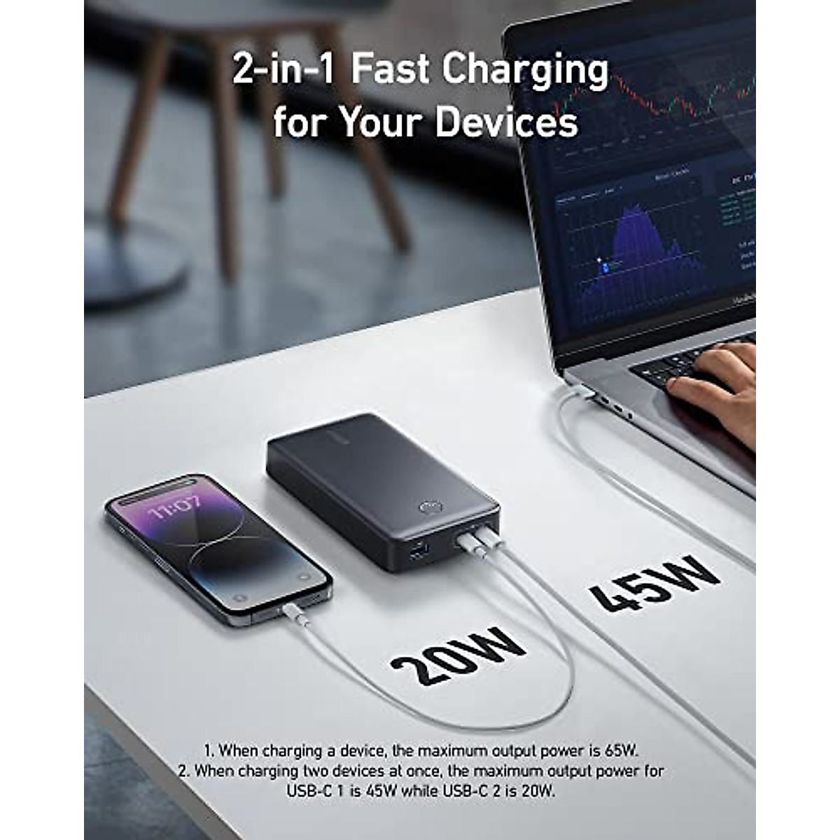 Anker Portable Charger, 24,000mAh 65W Power Bank, 537 Power Bank (PowerCore 24K for Laptop), for MacBook Pro, Dell XPS, Microsoft Surface, iPad Pro, iPhone 14 Pro, Apple Watch Series 5, and More