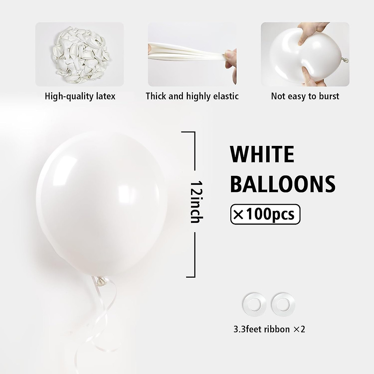 BAUANOOY 100pcs White Balloons 12 inch, White Latex Balloons with White Ribbon for Engagement Bridal Shower Bachelorette Birthday Wedding Party Decorations