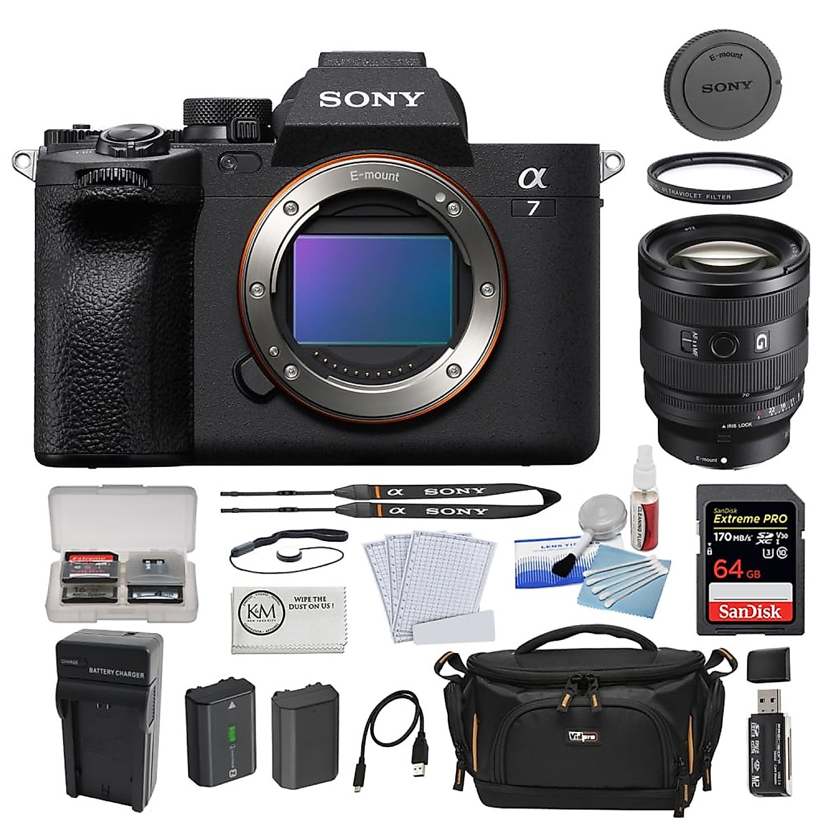 Sony Alpha a7 IV Mirrorless Camera Body Bundled with FE 20-70mm f/4 G Lens + 64GB SD Card + Filter + Battery + Charger + Cap Keeper + Case + Cleaning Kit + SD Case + SD Reader + Cloth (13 Items)