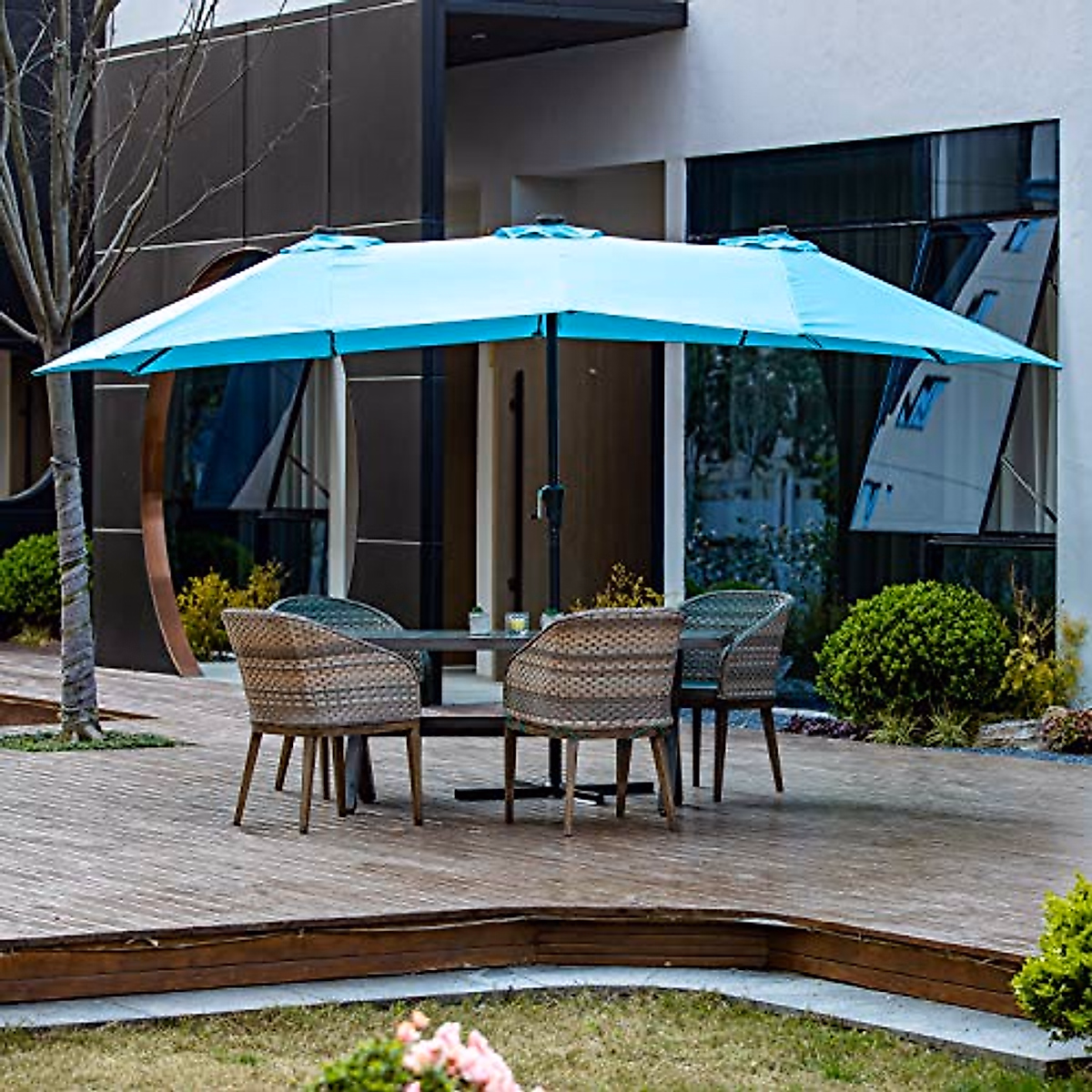 15Ft Lighted Patio Umbrella Extra Large Double Sided Market Table Umbrella with Lights & Crank Blue