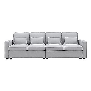 GLORHOME Modern Linen Fabric Sofa with Armrest Pockets and 4 Pillows-Minimalist Style 4-Seater Couch for Living Room, Apartment, Office-104, Light Grey