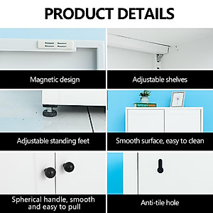 Fumedo 2 Door White Metal Storage Base Cabinet for Bed Room,Living Room,Home,Hotel,Office,Garage,Gym, School,2 Adjustable Shleves,3-Tiers