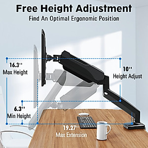 MOUNTUP Single Monitor Desk Mount, Adjustable Gas Spring Monitor Arm Support Max 32 Inch, 4.4-17.6lbs Screen, Computer Monitor Stand Holder with Clamp/Grommet Mounting Base, VESA Mount Bracket, Black