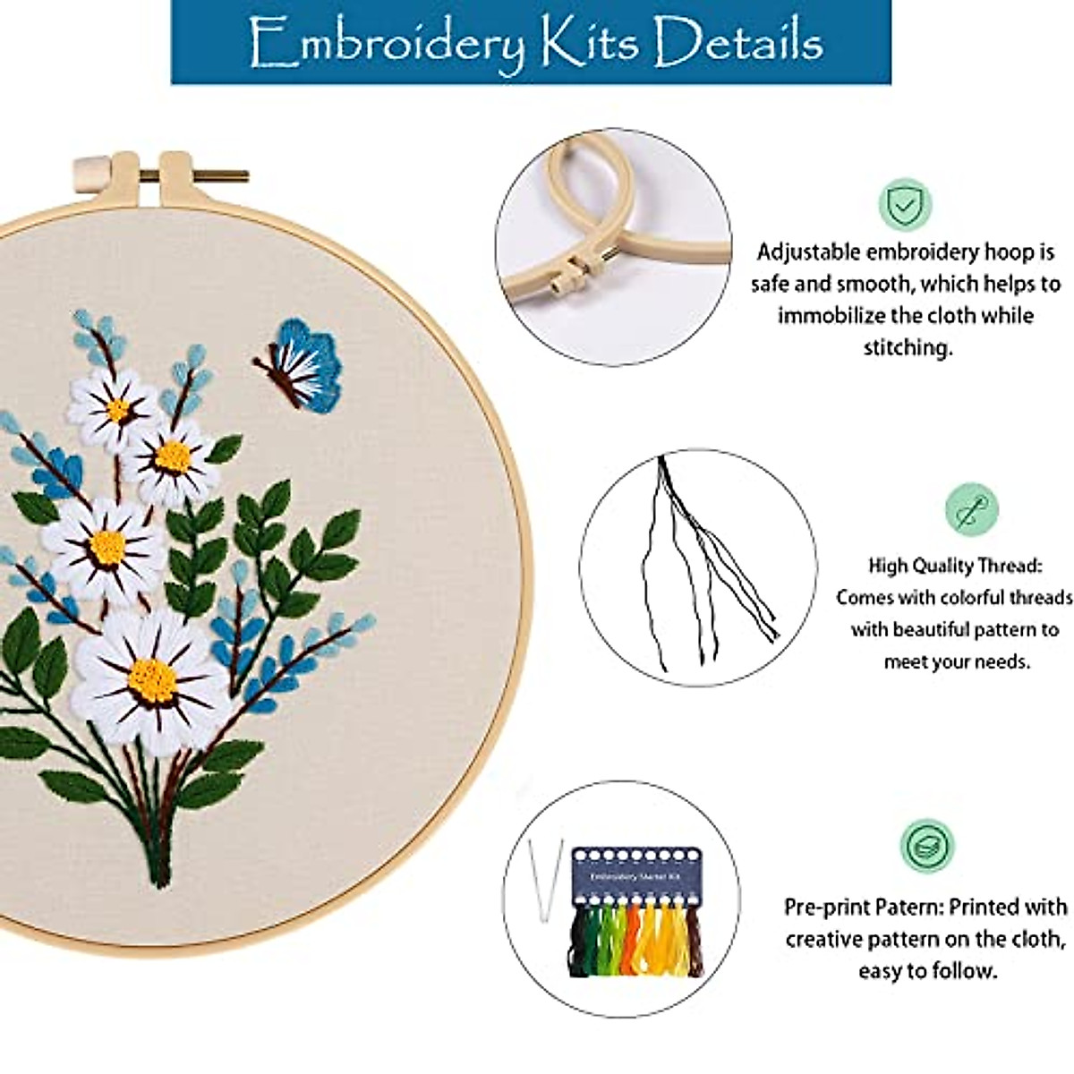 GLTAYLMY 3 Pack Embroidery Starters Kit with Pattern for Beginners,Cross Stitch Kits with 1 Plastic Embroidery Hoops,Needles and Color Threads,Needlepoint Kit for Adults