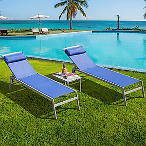 Domi Patio Chaise Lounge Set, Aluminum Pool Lounge Chairs with 5 Adjustable Position, Breathable Textilene Fabric, Sunbathing Pool Chairs with Headrest and Side Table, Blue