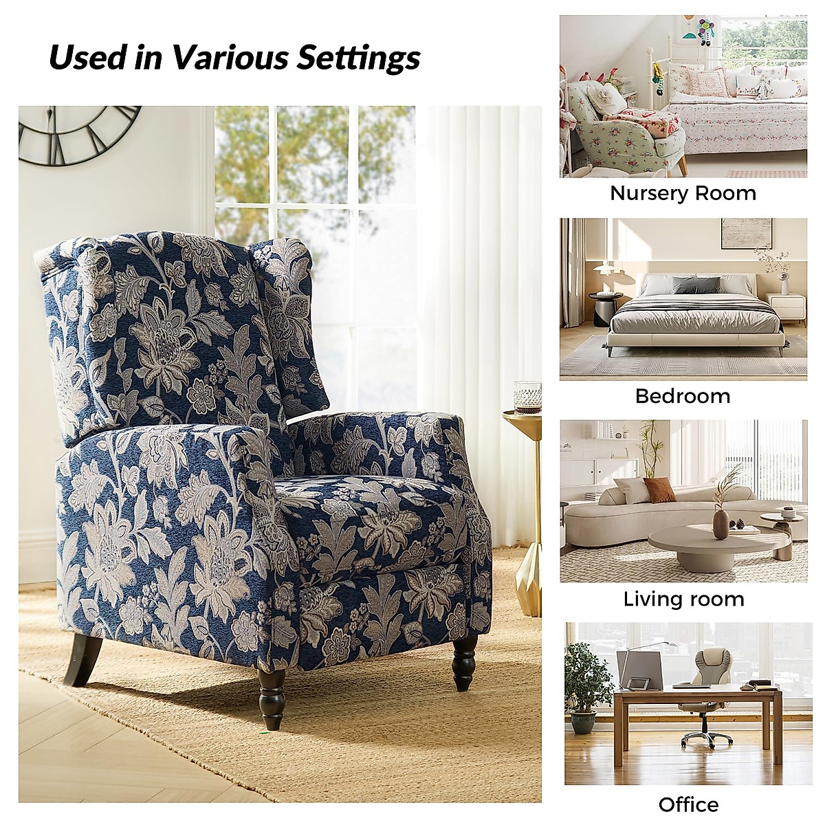 Upholstered Wingback Recliner Chair, Traditional Push Back Recliner Sofa, Mid Century Modern Lounge Armchair for Living Room, Home Theater Accent Chairs Recliners Couches (GARDEN)