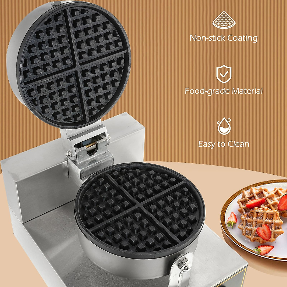 Dyna-Living Waffle Maker Commercial Waffle Maker Machine 110V 1200W Non-stick Waffle Iron Maker Stainless Steel Round Commercial Waffle Maker for Restaurant