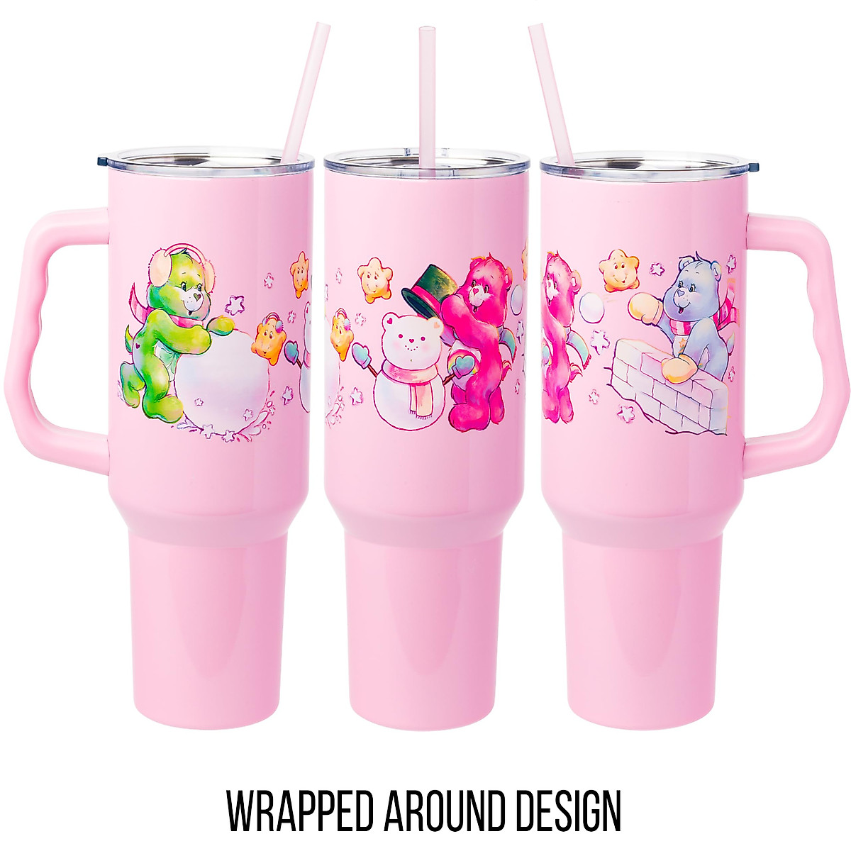 Silver Buffalo Care Bears Christmas Cuties Winter Fun Featuring Good Luck Bear, Cheer, and Christmas Wishes Bear Stainless Steel Tumbler with Handle and Straw, Fits in Standard Cup Holder, 40 Ounces