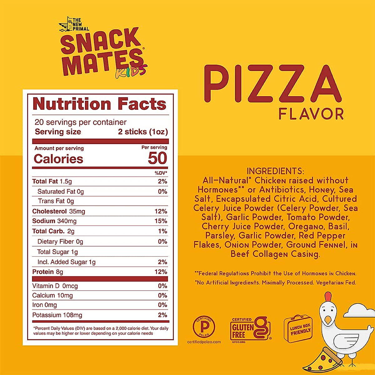 The New Primal Snack Mates Pizza Chicken Sticks, Gluten Free Healthy Snacks for Kids, Low Sugar High Protein Kids Snack for School, Mini Paleo Jerky Meat Stick, 8g Protein, 50 Calories, 10 Pack