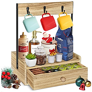 Rustic Coffee Station Organizer for Counter, Wood Coffee Mug Holder Stand with 8 Mug Hooks, Coffee Mug Tree Rack with Drawer and Storage Shelf, Coffee Bar Accessories Organizer Kitchen Storage Racks