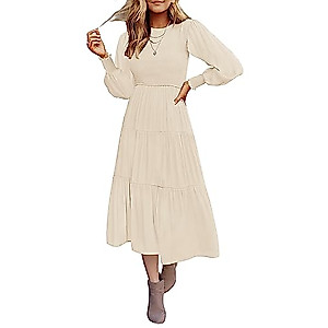 ZESICA Women's 2023 Casual Long Sleeve Crew Neck High Waist Smocked Flowy Tiered Midi Dress,Beige,Medium