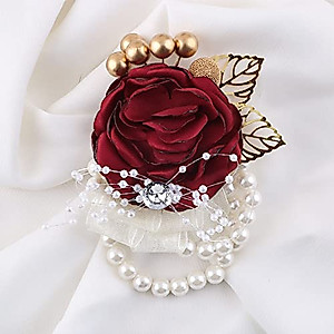 WANLIAN Rose Wrist Corsage Wristlet Band Bracelet Boutonniere,Wrist Corsage Hand Flowers Decor for Wedding Bridal Prom Party Accessories (red 2)