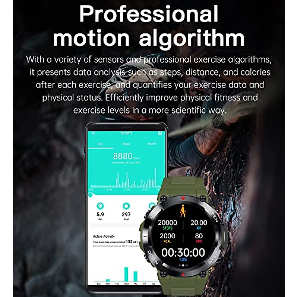 Yihou Fitness Tracker Military Smart Watch for Men Bluetooth Call Watch Message Reminder Waterproof Pedometer Step Counter Calorie Tactical Sport Smart Watch for Android Phones Compatible iPhone