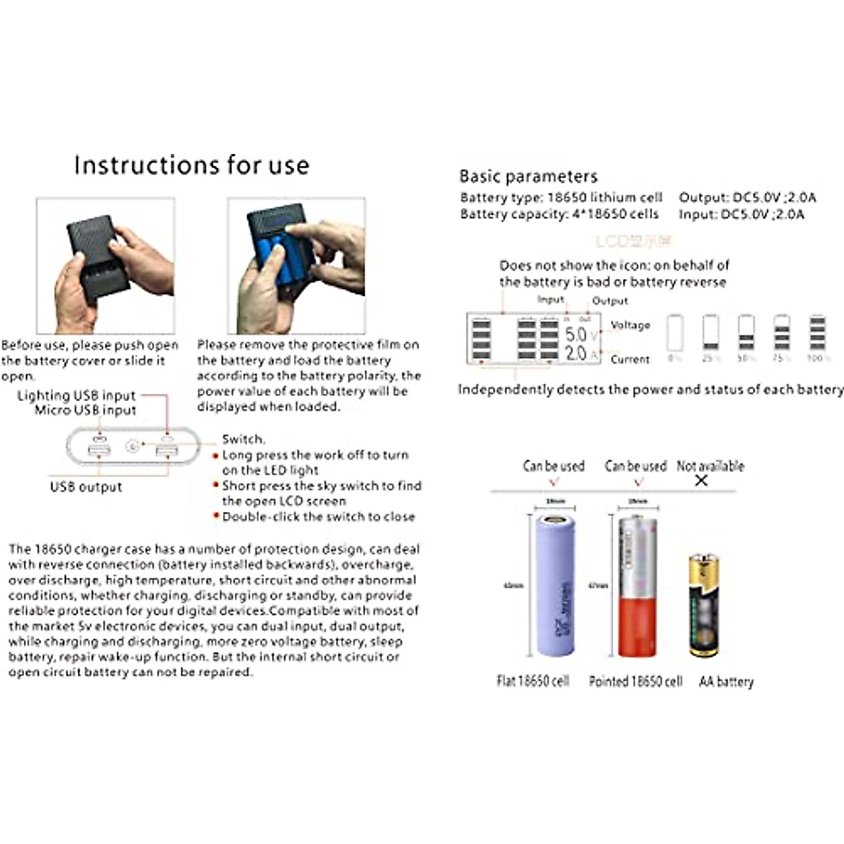 Battery Charger Case,Portable DIY Power Bank Box with LCD Display 2 USB Output,Micro and Type c Input, Smart Charger for 3.7v Li-ion Rechargeable Battery (Battery Not Included)