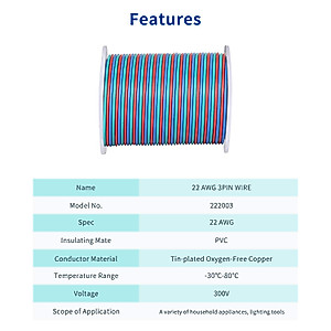 C-able 22 AWG 3 Conductor Wire for WS2811 WS2812b 3Pin RGB Extension Cable 20m with Spool
