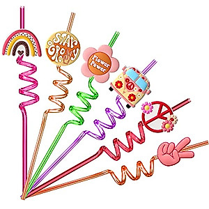 60's Hippie Boho Party Favors Two Groovy Straws Reusable Plastic Drinking Straws 8 Designs 24pcs, Boho Rainbow Birthday Party Favor Kids with 2 Cleaning Brush