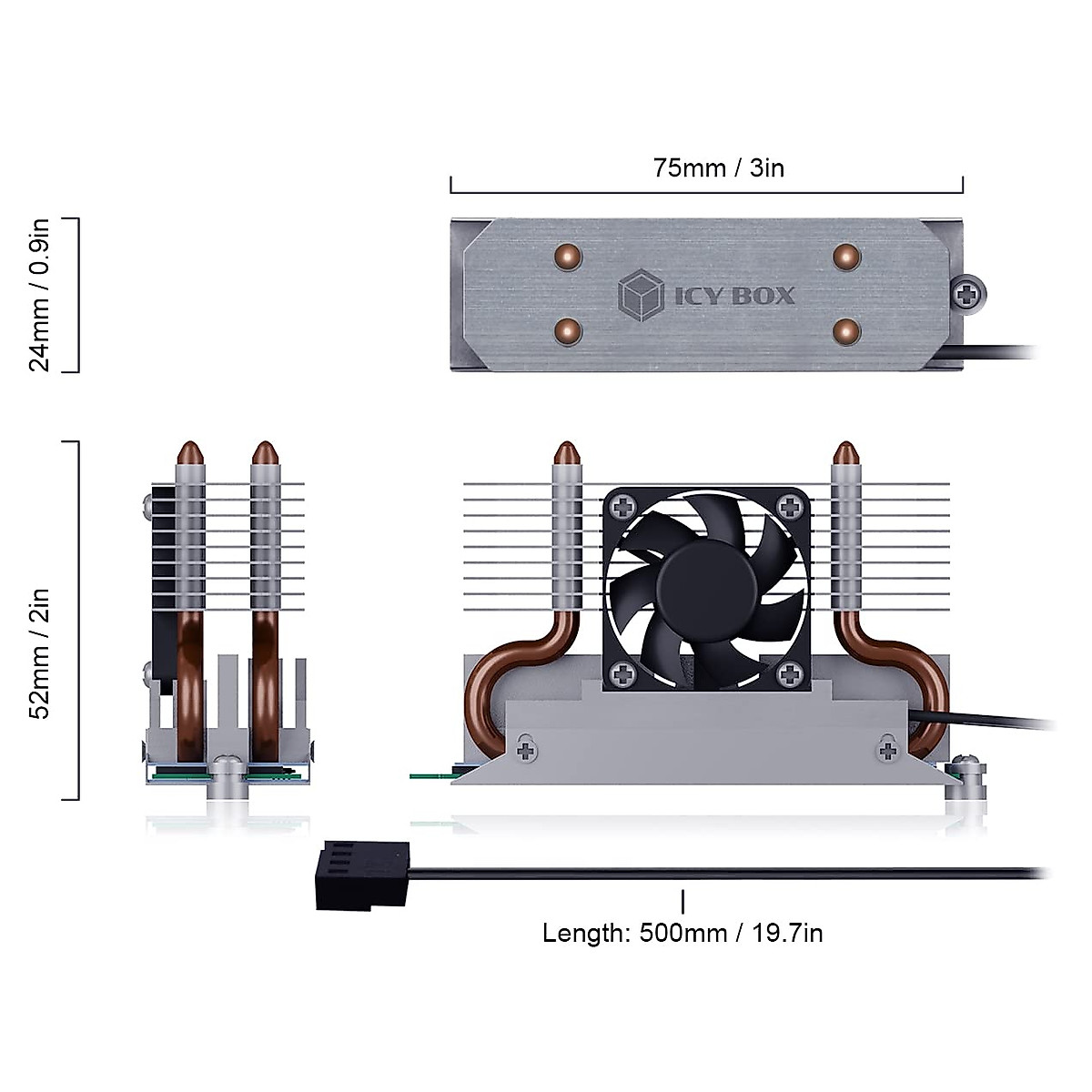 ICY BOX Aluminum Alloy Heatsink with Fan for The Most Heat Dissipation with Silicone Thermal Pad Designed Specially for M.2 SSD 2280 DIY Desktop PC SSD Black