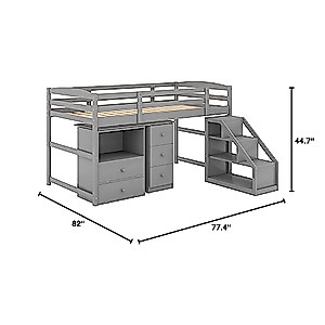 Woanke Twin Size Low Loft Bed with Multifunctional Movable Built-in Desk and Storage Drawers, Solid Wood Loft Bedframe for Kids Teens Boys Girls, 77.4''L*82''W*44.7''H, Grey