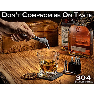 Mixology Whiskey Stones Gift Set for Men - Pack of 2, 10 oz Glasses w/ 6 Stainless Steel Chilling Bullets, 2 Coasters, Tongs, Cocktail Cards & Box - Bourbon Gifts for Birthday, Wedding, or Anniversary