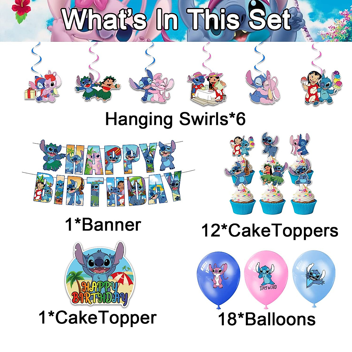 SDQ Birthday Decorations Party Supplies Stitch Party Favor Include Happy Birthday Banner, Cake Topper, Cupcake Toppers, SDQ Party Decorations for Women Men Teens