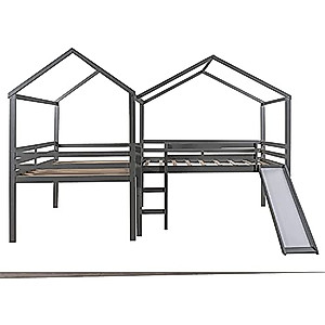 ATH-S L-Shape Loft Beds Full House Loft Bed with Slide Low Loft Bed Frame for 2, Wood Gray Playhouse Loft Bed for Girls Boys Teens (Color : Gray Full House Bed)