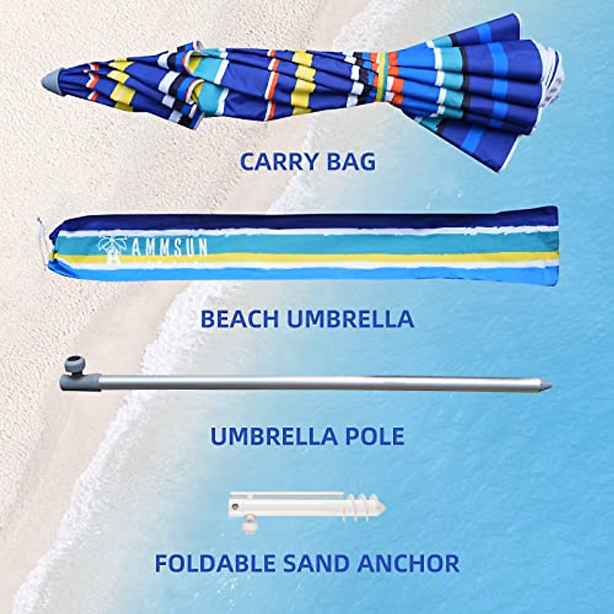 AMMSUN 7ft Heavy Duty High Wind Beach Umbrella with Sand Anchor & Tilt Sun Shelter UV 50+ Protection Outdoor Sunshade Umbrellas Carry Bag for Patio Garden Pool Backyard Multicolor Stripe