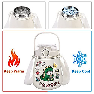 VAlinks Big Belly Stainless Steel Water Bottle with Shoulder Strap, Handle & Cute Stickers, 32oz/900ml Cute Insulated Water Bottle with Straw, Leak Proof Flip-Top Lid Vacuum Bottle, White