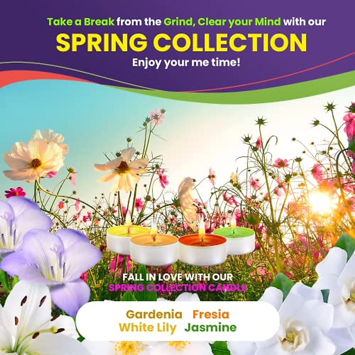 Spring Candles for Home Scented Tea Lights Candles - Spring Candle Set of 64 - Gardenia, Freesia, White Lily, Jasmine - 3-4 Hour Extended Burn Time - Spring Candles for Home, Holiday, Wedding & Party