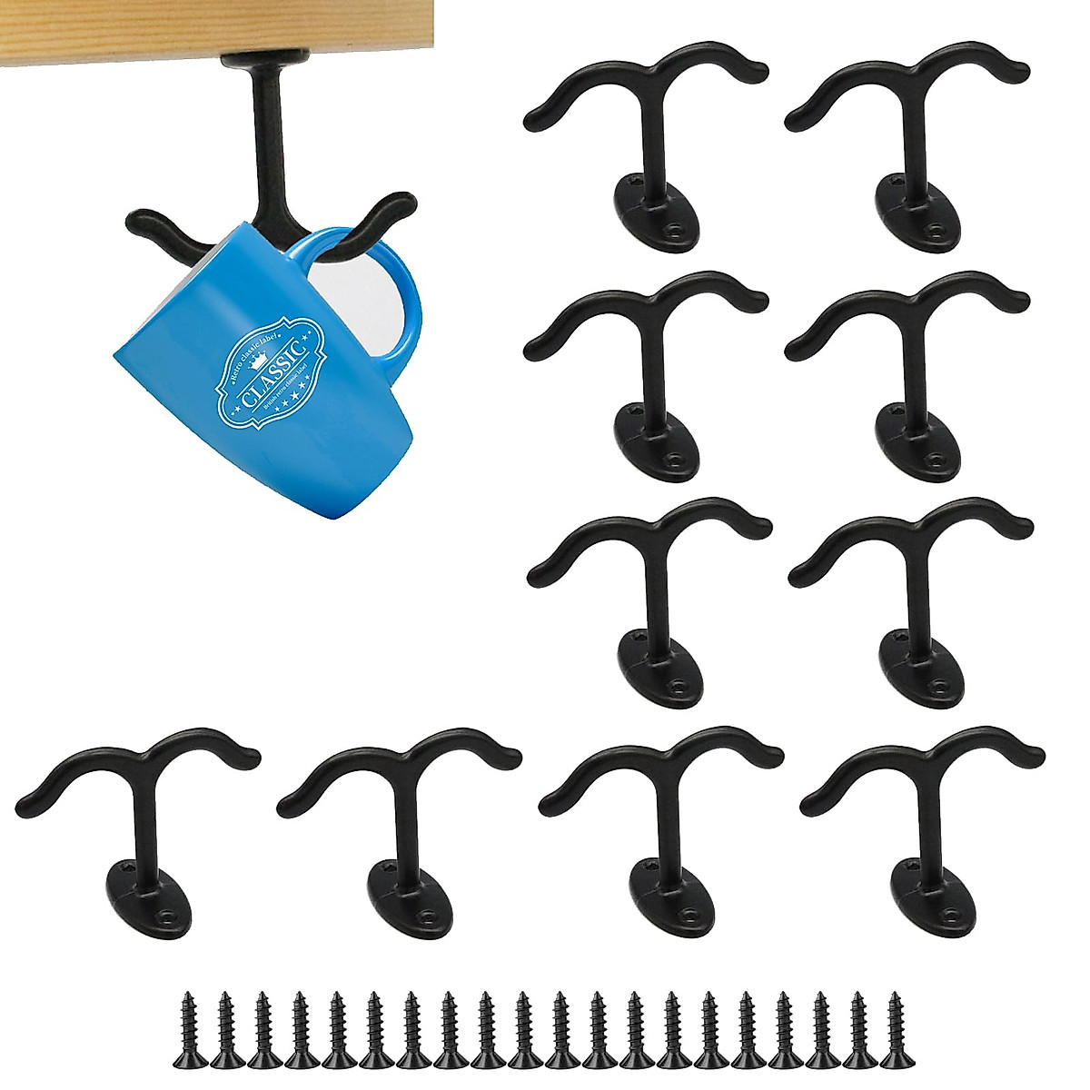FanSiVoKe 10 Pcs Zinc Alloy Ceiling Double Hook Cabinet Wardrobe Coat Towel Hat Hook Hooks Under Cabinet Shelf (Black)