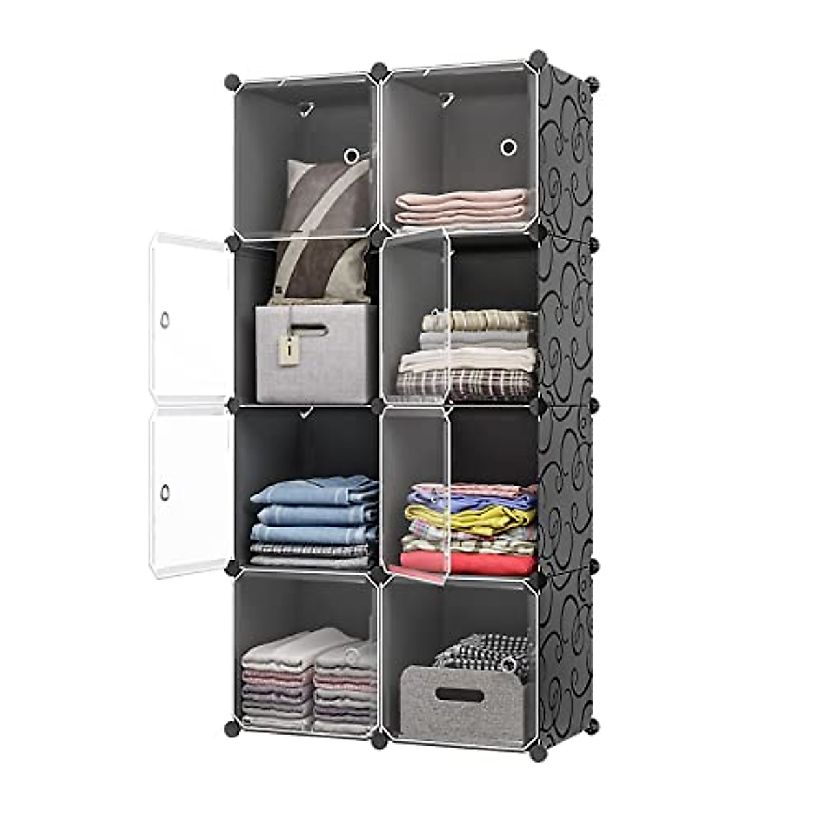 Aeitc 8 Cube Storage Organizer Closet Shelves Storage Cubes DIY Cubby Organizing Modular Cabinet Bookcase Cubby Closet Shelf for Bedroom, Living Room, Black with Clear Door