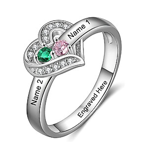 Personalized 2 Birthstones Rings Silver Heart Custom Engraved Name Ring Wedding Family Christmas Mother Days Birthday Anniversary Jewelry (2 stones)