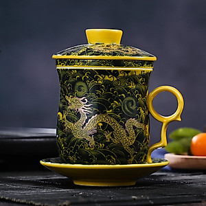 Ameolela Porcelain Tea Cup with Infuser Lid and Saucer Sets - Chinese Jingdezhen Ceramics Coffee Mug Teacup Loose Leaf Tea Brewing System for Home Office