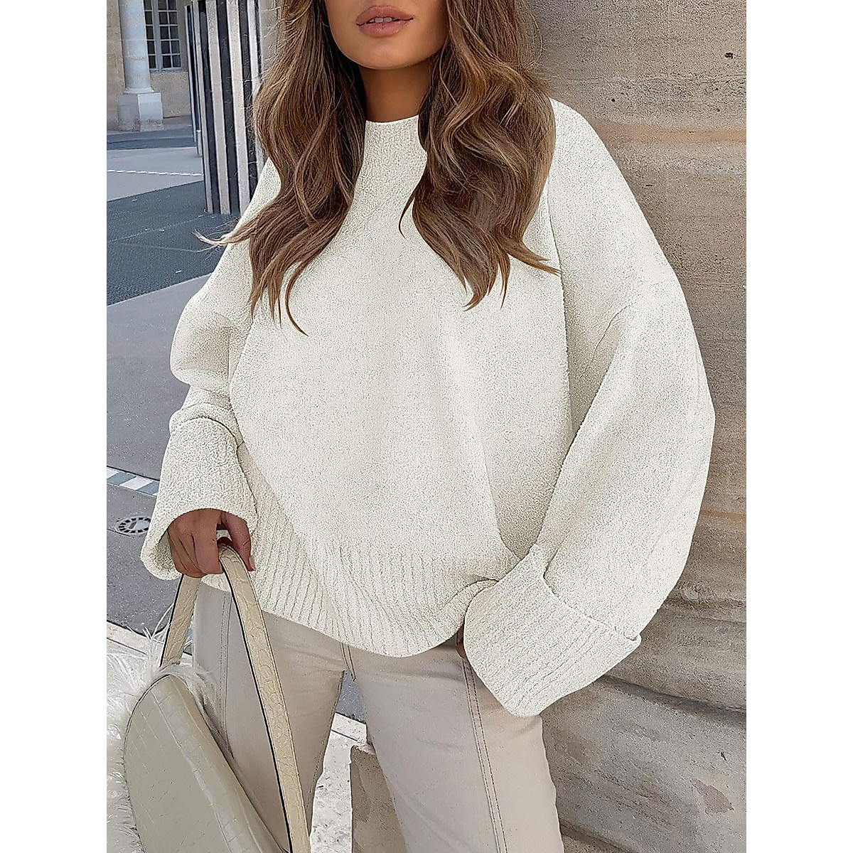 ANRABESS Women's Oversized Crewneck Long Sleeve Fuzzy Knit Casual Chunky Warm 2025 Fall Pullover Sweaters Top Trendy Outfits White X-Large