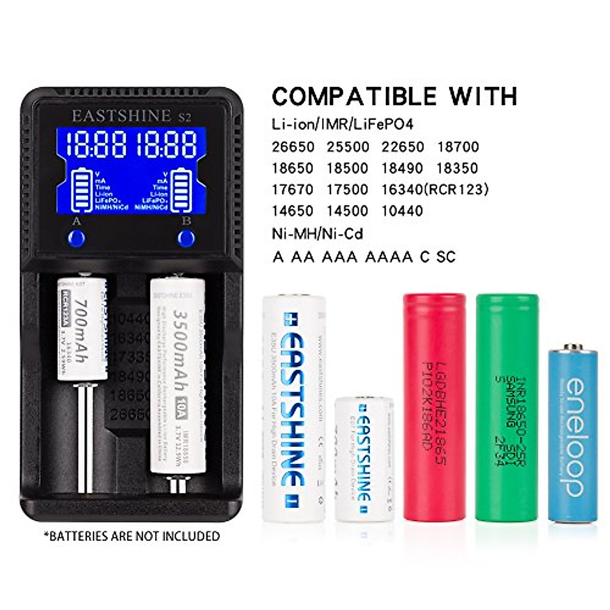 Universal Battery Charger EASTSHINE S2 LCD Display Speedy Smart Charger for Rechargeable Batteries Ni-MH Ni-Cd AA AAA Li-ion LiFePO4 IMR 10440 14500 16340 18650 RCR123 26650 18500 17670 & Car Adapter