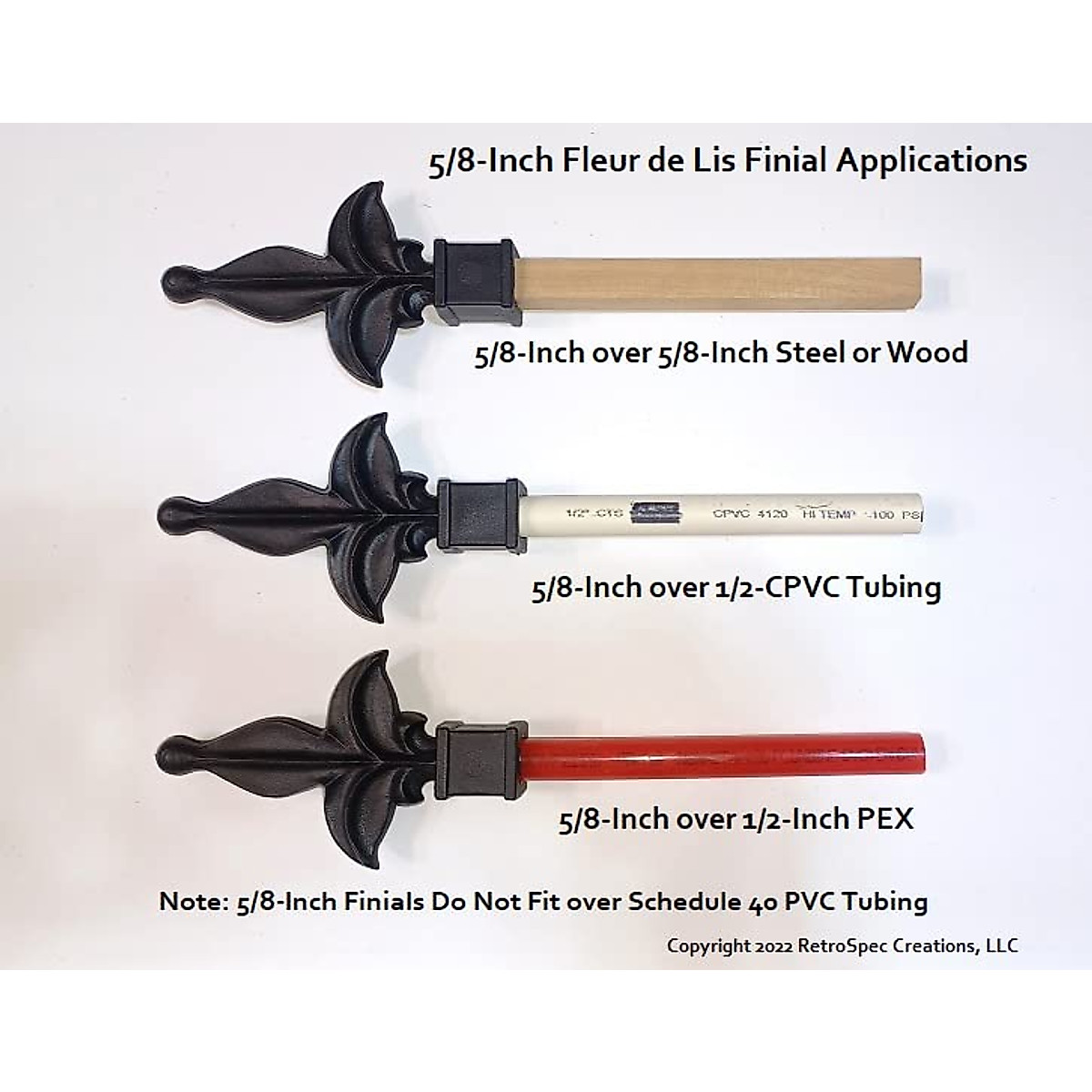 Retrospec Creations 10 Each for 5/8” Black Plastic Finial Tops for Iron Picket Fence Fleur De Lis – #1-60-58