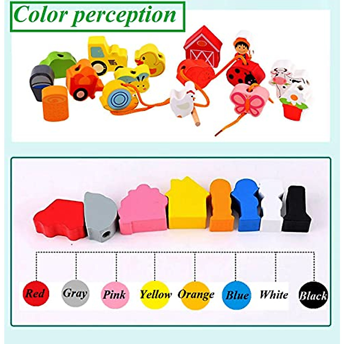 Lacing Farm Toy Wooden Block Set, Early Educational Toys String & Lacing Beads Games for Toddlers Kids Farm Animal Learning Play Set (16 Pieces)