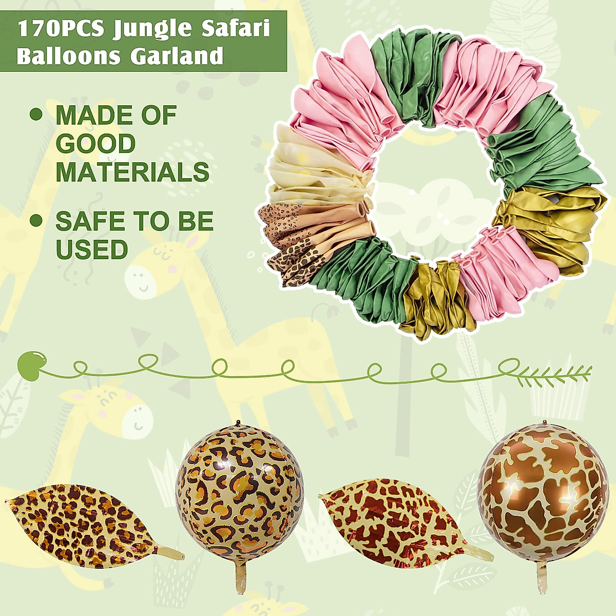 Amandir 170Pcs Jungle Safari Balloons Garland Arch Kit Animal Printed Pink Sage Green Balloons Wild One Giraffe Leopard Safari Baby Shower Decorations for Girl Birthday Party Supplies