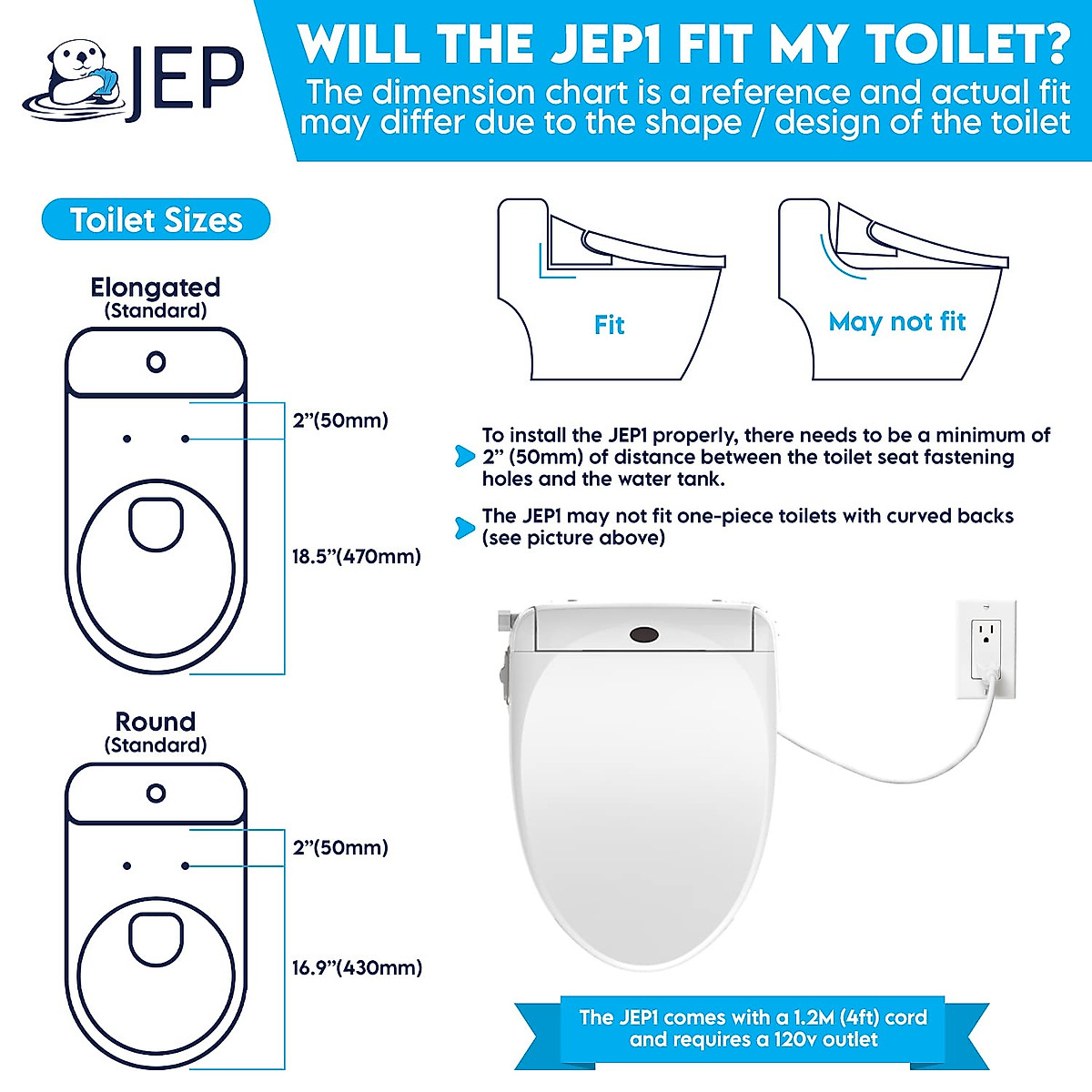 JEP Electric Bidet Toilet Seat for Elongated Toilets & Round Toilets | Premium Bidets for Existing Toilets with Warm Water, Heated Seat, and a Remote Control