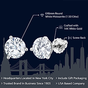 Solid 14K White Gold Round Forever Classic White Moissanite From Charles & Colvard Martini 3 Prong Secure Screw-Backs Stud Earrings For Women (1.50 Cttw, Round 6MM)