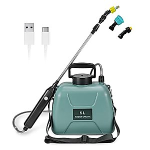Toovem 5L Battery Powered Sprayer, Electric Sprayer with USB Rechargeable Handle, Potable Garden Sprayer with Telescopic Wand 2 Mist Nozzles and Adjustable Shoulder Strap (Blue)